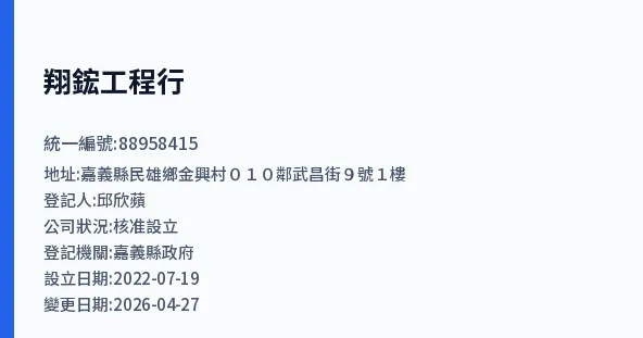 翔鋐工程行的照片-統編 88958415(嘉義縣) 公司登記資料與營業項目詳細圖表