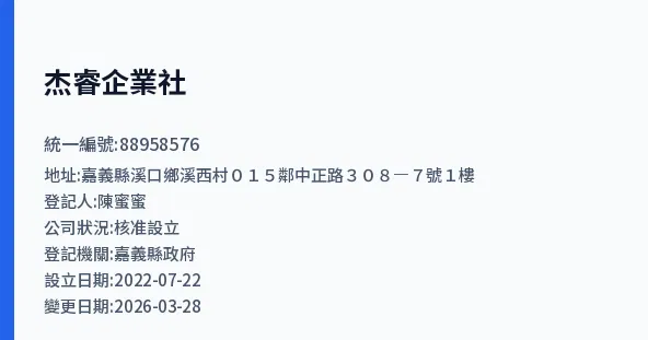 杰睿企業社的照片-統編 88958576(嘉義縣) 公司登記資料與營業項目詳細圖表