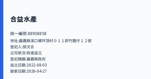 合益水產的照片-統編 88958858(嘉義縣) 公司登記資料與營業項目詳細圖表