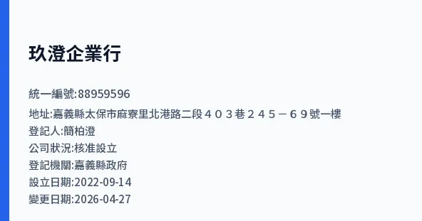 玖澄企業行的照片-統編 88959596(嘉義縣) 公司登記資料與營業項目詳細圖表