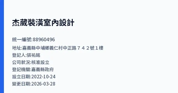杰葳裝潢室內設計的照片-統編 88960496(嘉義縣) 公司登記資料與營業項目詳細圖表