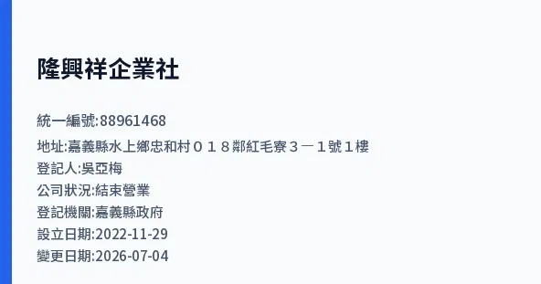 隆興祥企業社的照片-統編 88961468(嘉義縣) 公司登記資料與營業項目詳細圖表