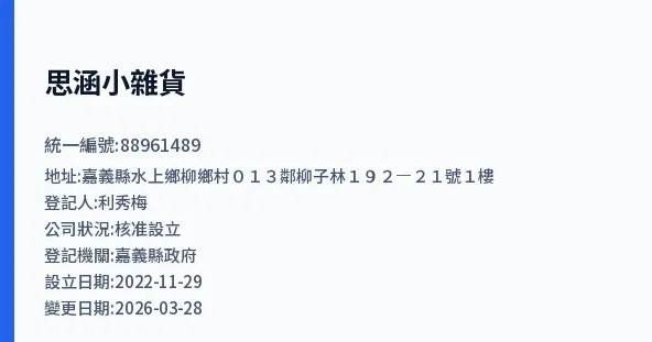 思涵小雜貨的照片-統編 88961489(嘉義縣) 公司登記資料與營業項目詳細圖表