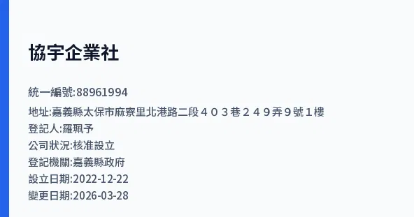 協宇企業社的照片-統編 88961994(嘉義縣) 公司登記資料與營業項目詳細圖表