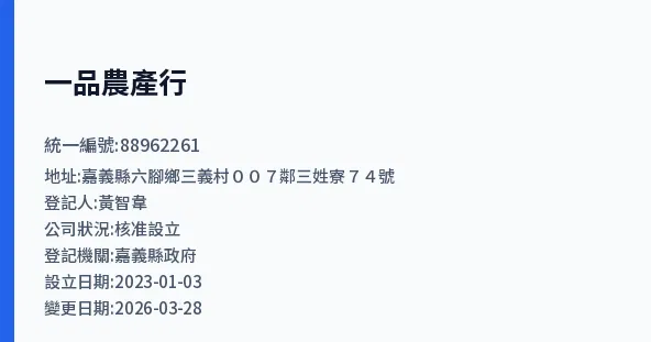 一品農產行的照片-統編 88962261(嘉義縣) 公司登記資料與營業項目詳細圖表