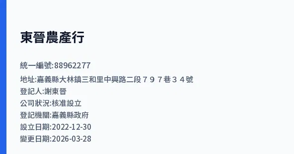 東晉農產行的照片-統編 88962277(嘉義縣) 公司登記資料與營業項目詳細圖表