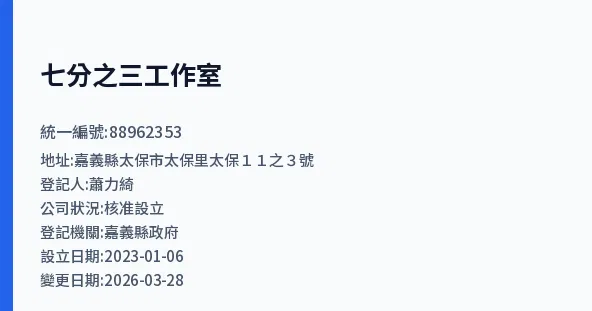 七分之三工作室的照片-統編 88962353(嘉義縣) 公司登記資料與營業項目詳細圖表