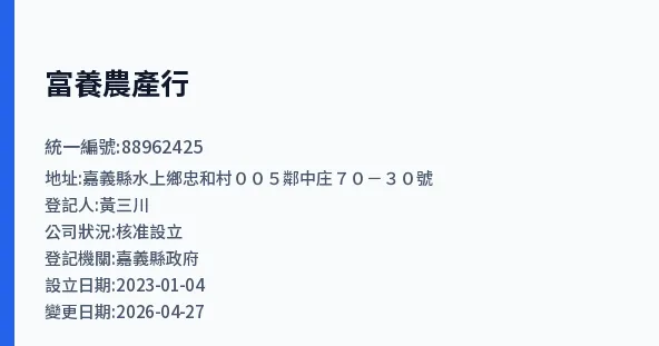 富養農產行的照片-統編 88962425(嘉義縣) 公司登記資料與營業項目詳細圖表