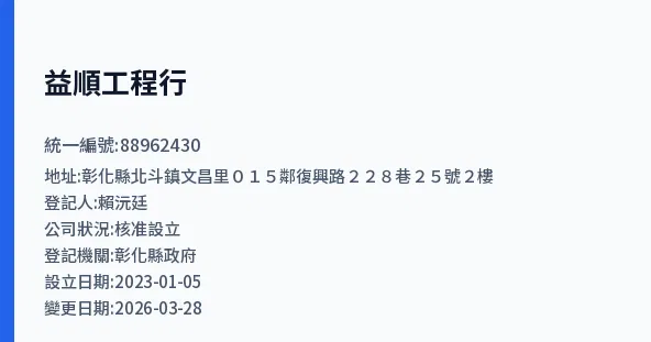 益順工程行的照片-統編 88962430(彰化縣) 公司登記資料與營業項目詳細圖表