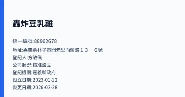 轟炸豆乳雞的照片-統編 88962678(嘉義縣) 公司登記資料與營業項目詳細圖表