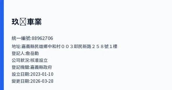 玖玐車業的照片-統編 88962706(嘉義縣) 公司登記資料與營業項目詳細圖表