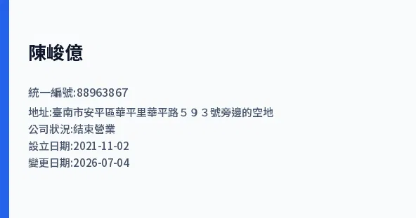 陳峻億的照片-統編 88963867(臺南市) 公司登記資料與營業項目詳細圖表