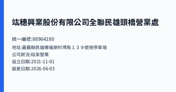 竑穗興業股份有限公司全聯民雄頭橋營業處的照片-統編 88964280(嘉義縣) 公司登記資料與營業項目詳細圖表