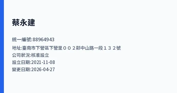 蔡永建的照片-統編 88964943(臺南市) 公司登記資料與營業項目詳細圖表