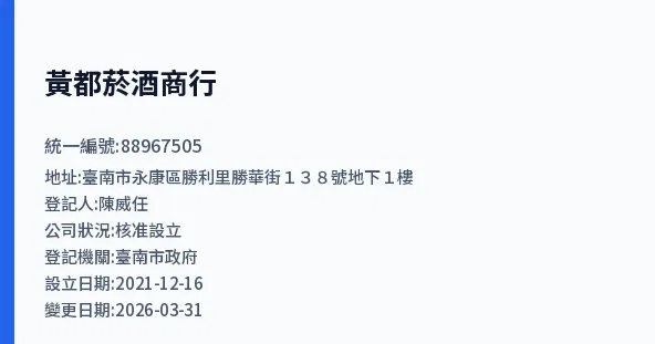 黃都菸酒商行的照片-統編 88967505(臺南市) 公司登記資料與營業項目詳細圖表