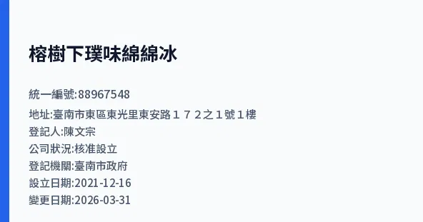 榕樹下璞味綿綿冰的照片-統編 88967548(臺南市) 公司登記資料與營業項目詳細圖表