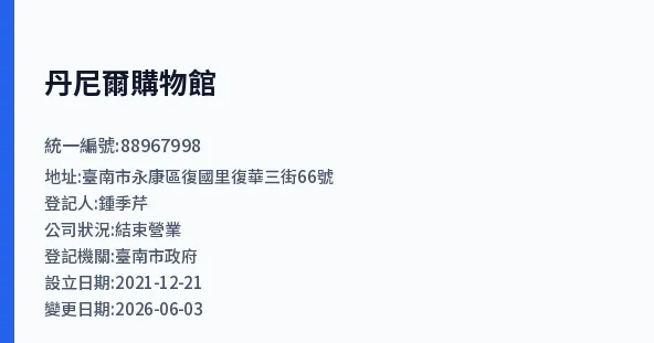 丹尼爾購物館的照片-統編 88967998(臺南市) 公司登記資料與營業項目詳細圖表