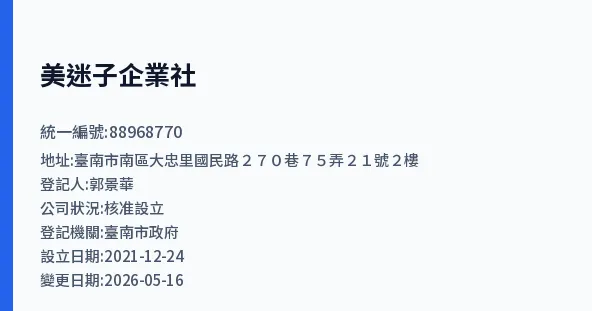 美迷子企業社的照片-統編 88968770(臺南市) 公司登記資料與營業項目詳細圖表