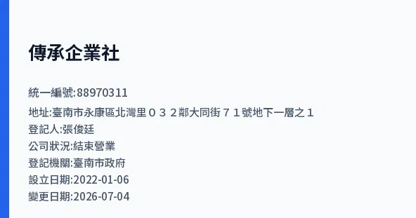 傳承企業社的照片-統編 88970311(臺南市) 公司登記資料與營業項目詳細圖表