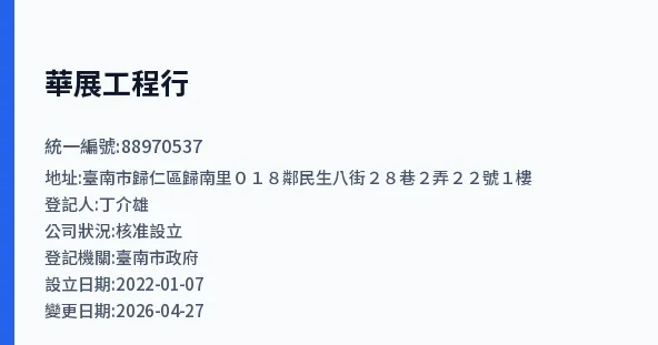 華展工程行的照片-統編 88970537(臺南市) 公司登記資料與營業項目詳細圖表