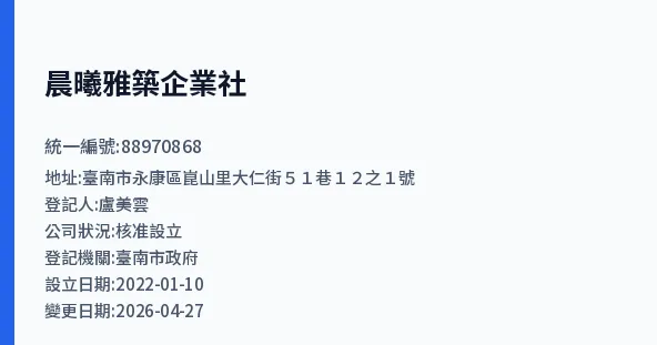 晨曦雅築企業社的照片-統編 88970868(臺南市) 公司登記資料與營業項目詳細圖表