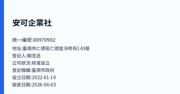 安可企業社的照片-統編 88970902(臺南市) 公司登記資料與營業項目詳細圖表