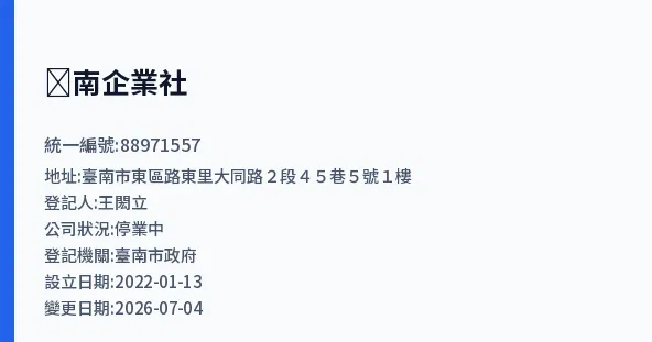 椮南企業社的照片-統編 88971557(臺南市) 公司登記資料與營業項目詳細圖表