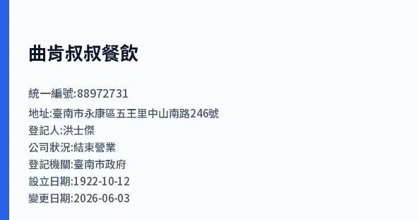 曲肯叔叔餐飲的照片-統編 88972731(臺南市) 公司登記資料與營業項目詳細圖表