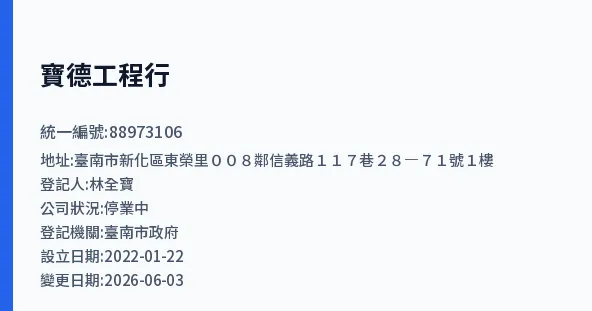 寶德工程行的照片-統編 88973106(臺南市) 公司登記資料與營業項目詳細圖表