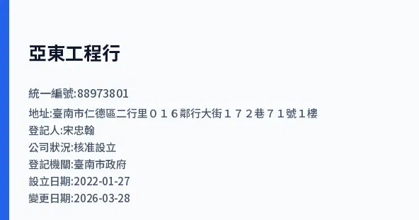 亞東工程行的照片-統編 88973801(臺南市) 公司登記資料與營業項目詳細圖表