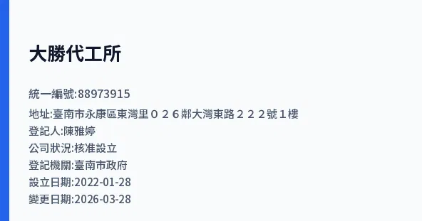 大勝代工所的照片-統編 88973915(臺南市) 公司登記資料與營業項目詳細圖表