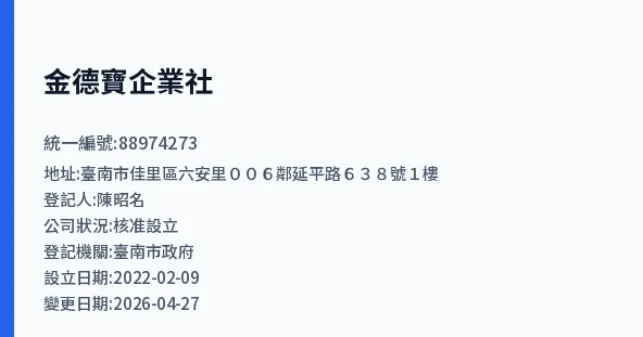 金德寶企業社的照片-統編 88974273(臺南市) 公司登記資料與營業項目詳細圖表