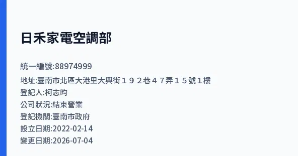 日禾家電空調部的照片-統編 88974999(臺南市) 公司登記資料與營業項目詳細圖表