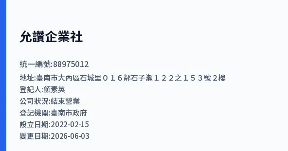 允讚企業社的照片-統編 88975012(臺南市) 公司登記資料與營業項目詳細圖表