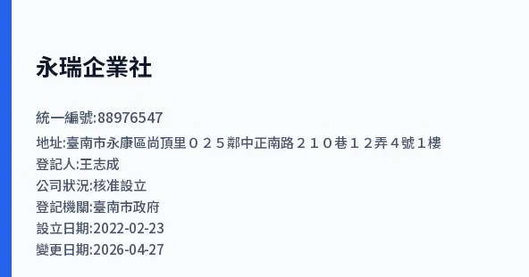 永瑞企業社的照片-統編 88976547(臺南市) 公司登記資料與營業項目詳細圖表