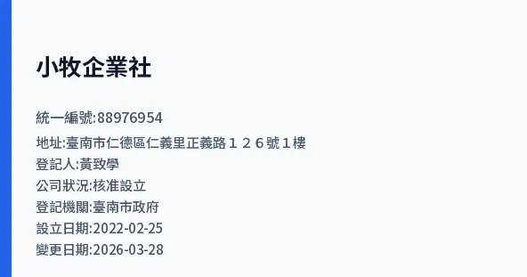 小牧企業社的照片-統編 88976954(臺南市) 公司登記資料與營業項目詳細圖表