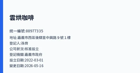 雲烘咖啡的照片-統編 88977335(嘉義市) 公司登記資料與營業項目詳細圖表