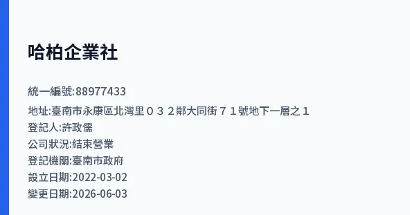 哈柏企業社的照片-統編 88977433(臺南市) 公司登記資料與營業項目詳細圖表