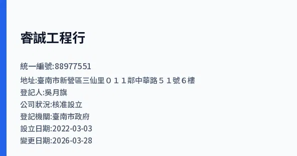 睿誠工程行的照片-統編 88977551(臺南市) 公司登記資料與營業項目詳細圖表