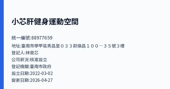 小芯肝健身運動空間的照片-統編 88977659(臺南市) 公司登記資料與營業項目詳細圖表
