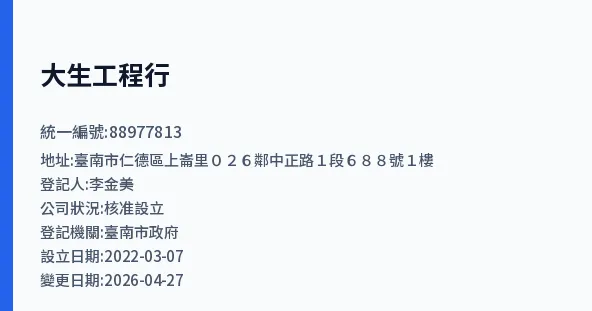 大生工程行的照片-統編 88977813(臺南市) 公司登記資料與營業項目詳細圖表