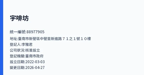宇啡坊的照片-統編 88977905(臺南市) 公司登記資料與營業項目詳細圖表