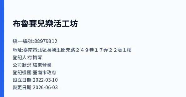 布魯賽兒樂活工坊的照片-統編 88979312(臺南市) 公司登記資料與營業項目詳細圖表