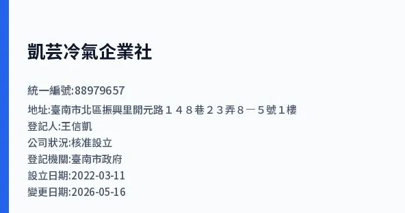 凱芸冷氣企業社的照片-統編 88979657(臺南市) 公司登記資料與營業項目詳細圖表