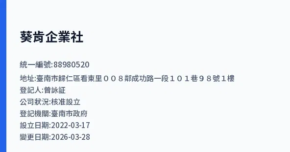 葵肯企業社的照片-統編 88980520(臺南市) 公司登記資料與營業項目詳細圖表