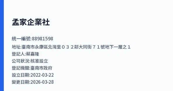孟家企業社的照片-統編 88981598(臺南市) 公司登記資料與營業項目詳細圖表