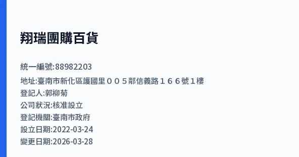 翔瑞團購百貨的照片-統編 88982203(臺南市) 公司登記資料與營業項目詳細圖表