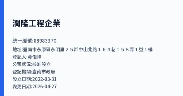 潤隆工程企業的照片-統編 88983370(臺南市) 公司登記資料與營業項目詳細圖表