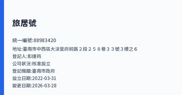 旅居號的照片-統編 88983420(臺南市) 公司登記資料與營業項目詳細圖表