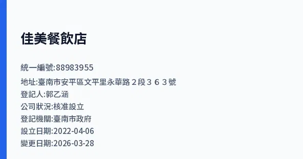 佳美餐飲店的照片-統編 88983955(臺南市) 公司登記資料與營業項目詳細圖表